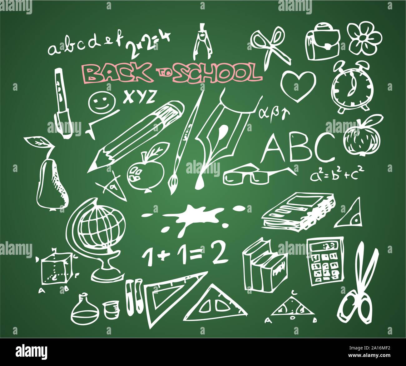 Back to school - set of school doodle vector illustrations on green ...