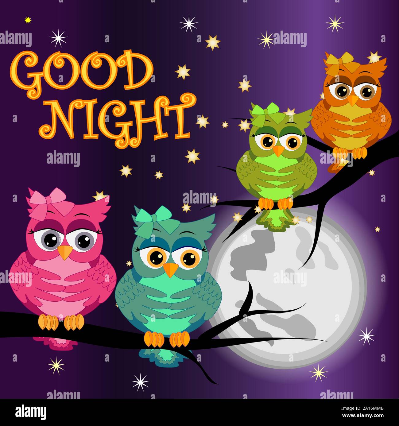 Good night card with a sleeping owls and moon Stock Vector Image & Art ...