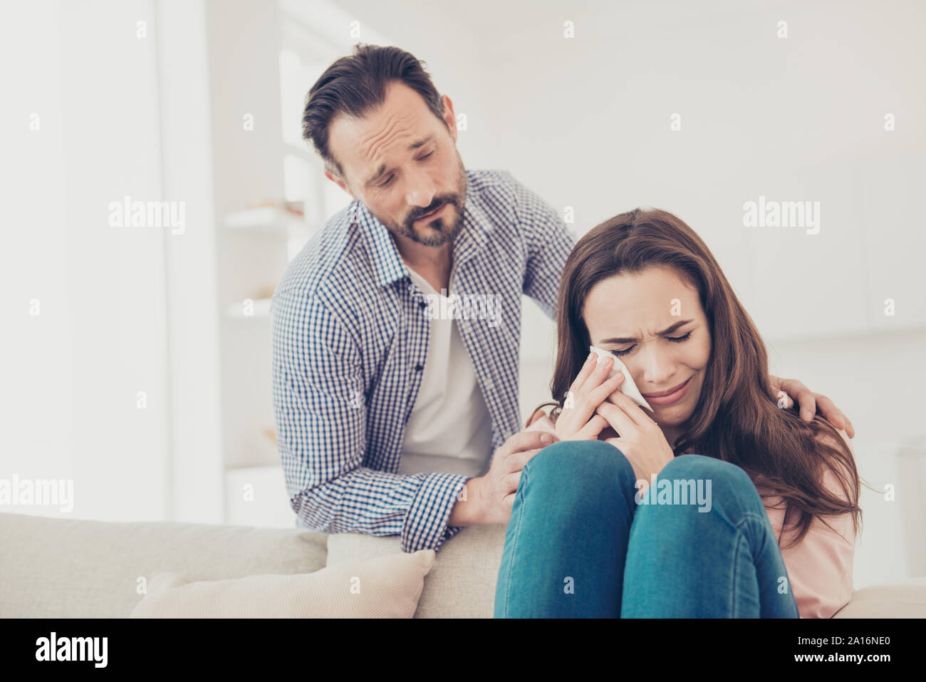 Close-up portrait of her his beautiful crying miserable worried Stock ...