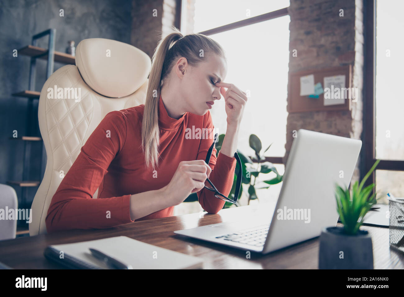 Low angle top view profile side view of marketer lady person she Stock ...