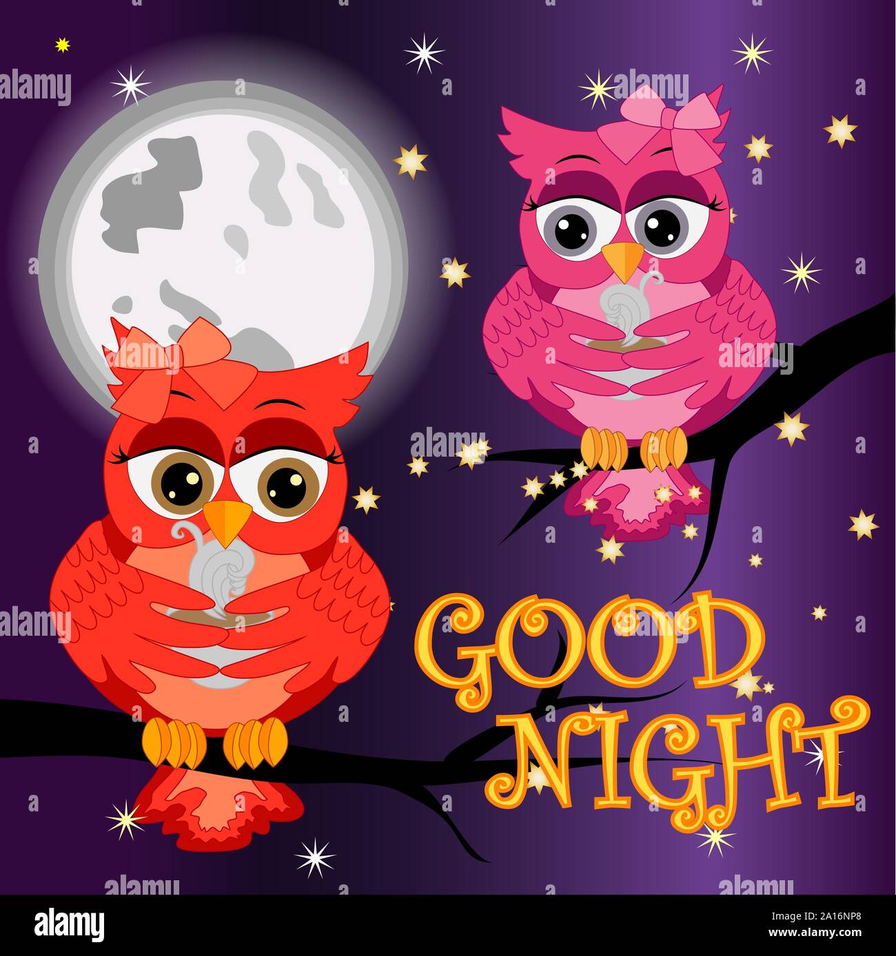 Good night card with sleeping moon and cute owls Stock Vector Image ...