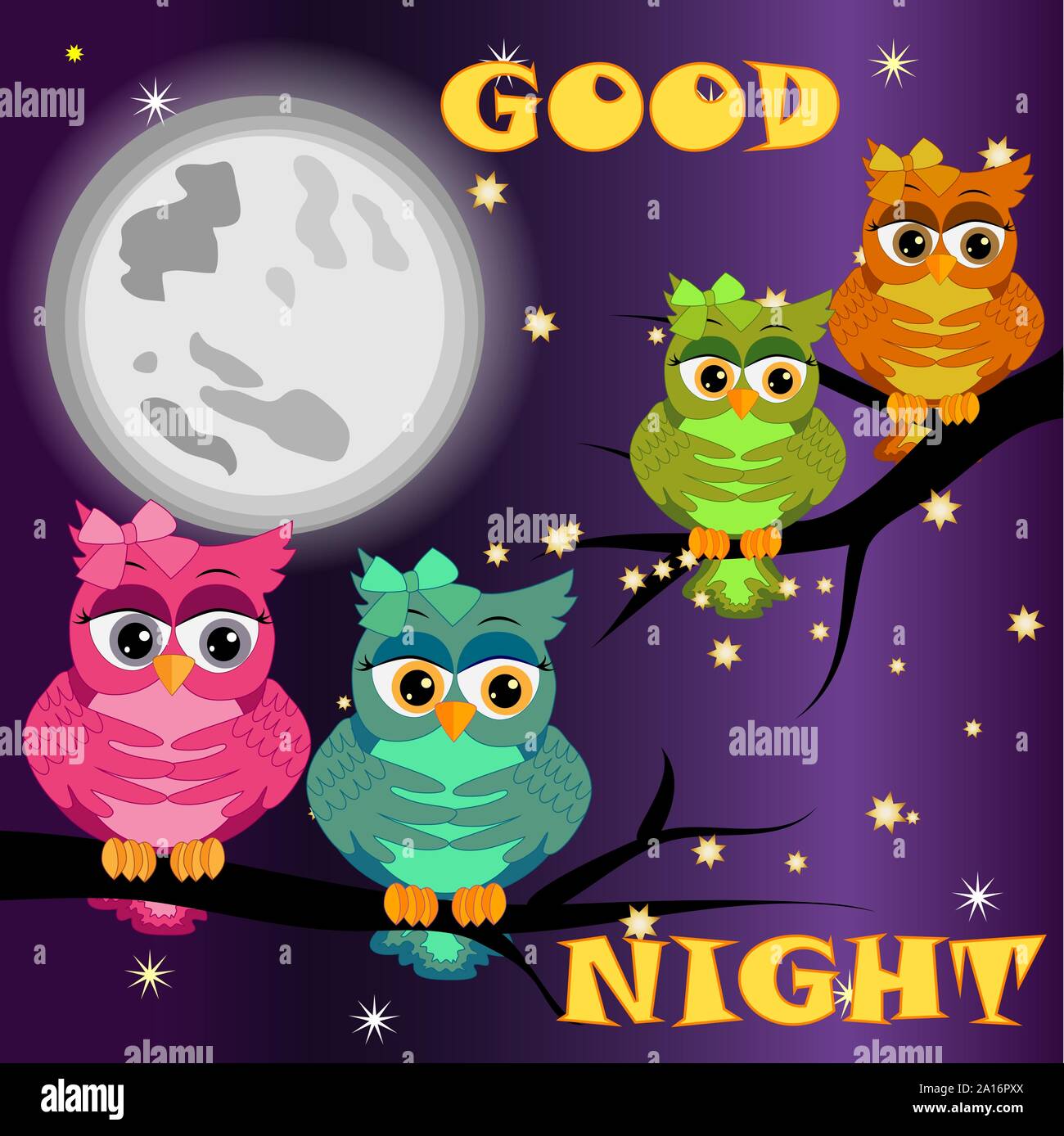 Good night card with sleeping moon and cute owl Stock Vector Image ...