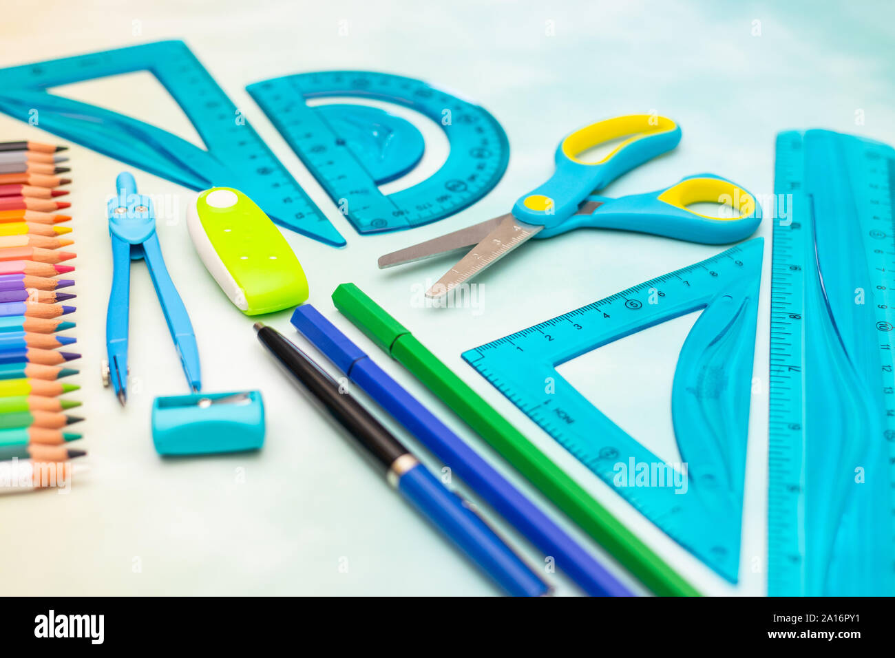 Blue school supplies hi-res stock photography and images - Alamy