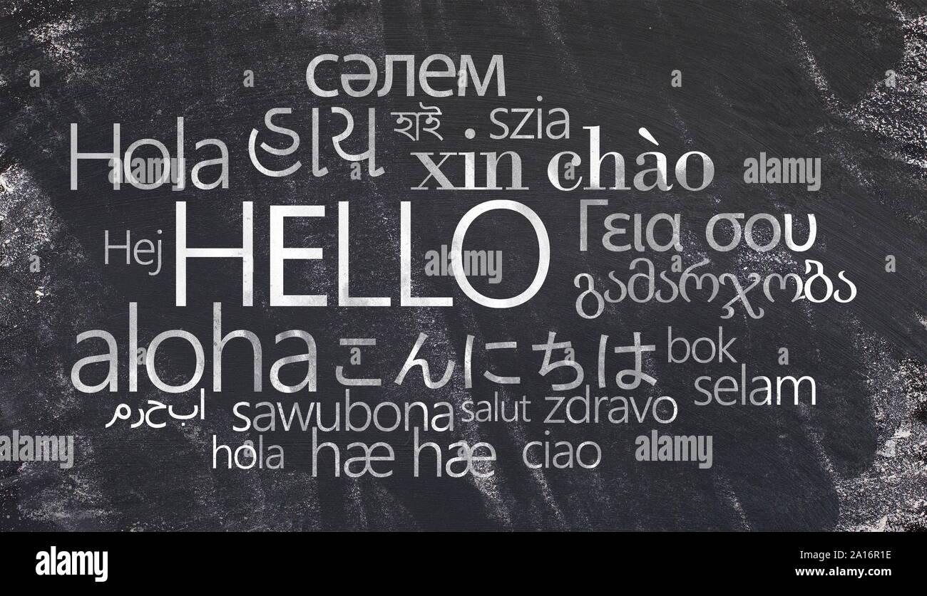 Hello text on Different languages chalk writing on chalkboard Stock ...