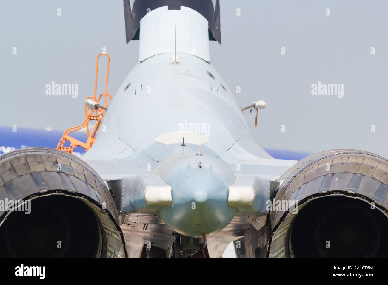 Back view of the jet fighter - shot of the turbines. Mid shot Stock ...
