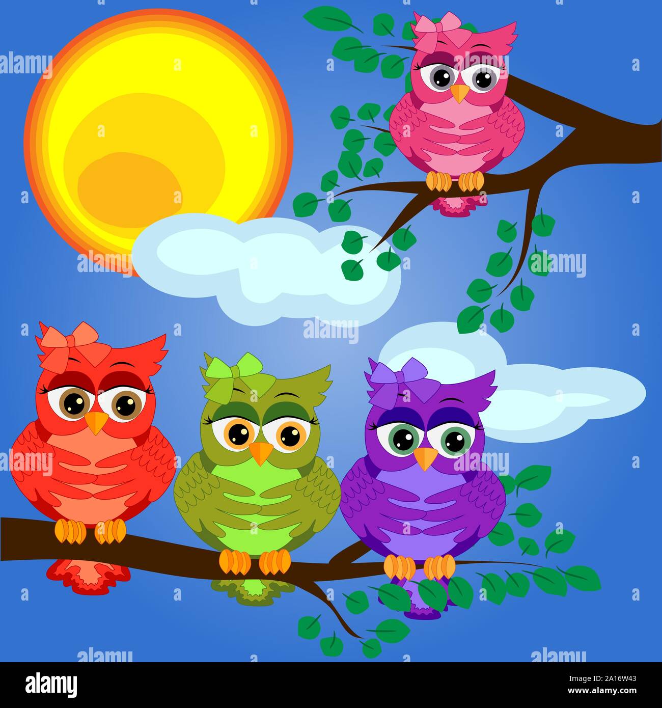 Colorful Owls In A Tree