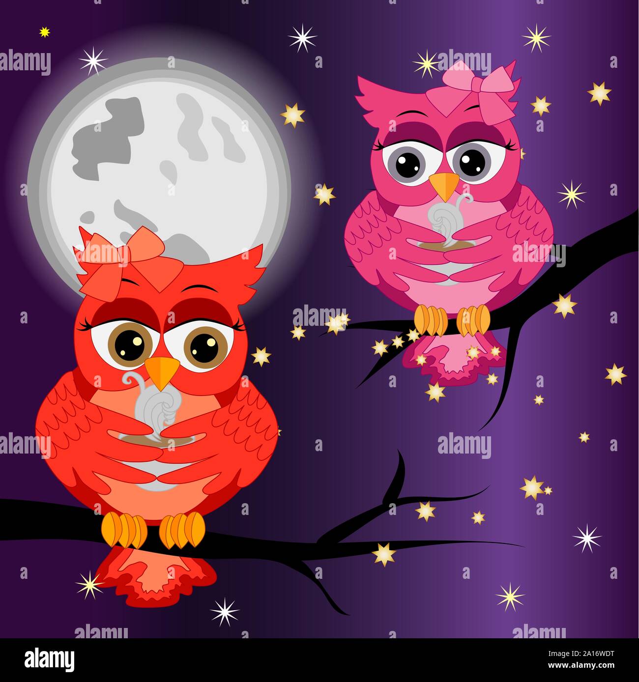 Night landscape with beautiful owls and a full moon Stock Vector Image ...