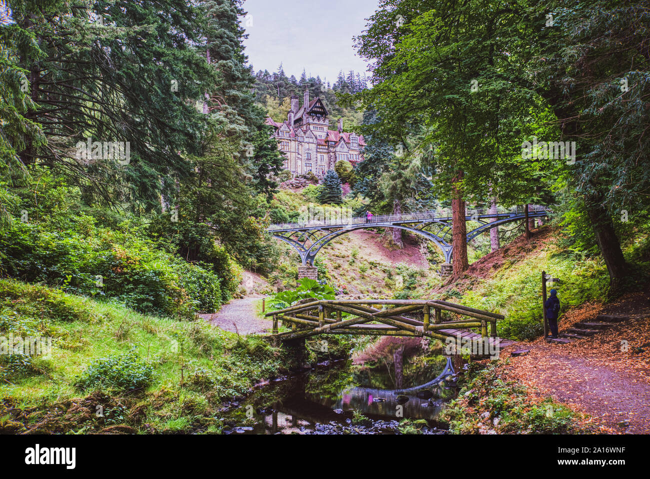 Rock garden and stream leading to Cragside House, Northumberland, UK ...