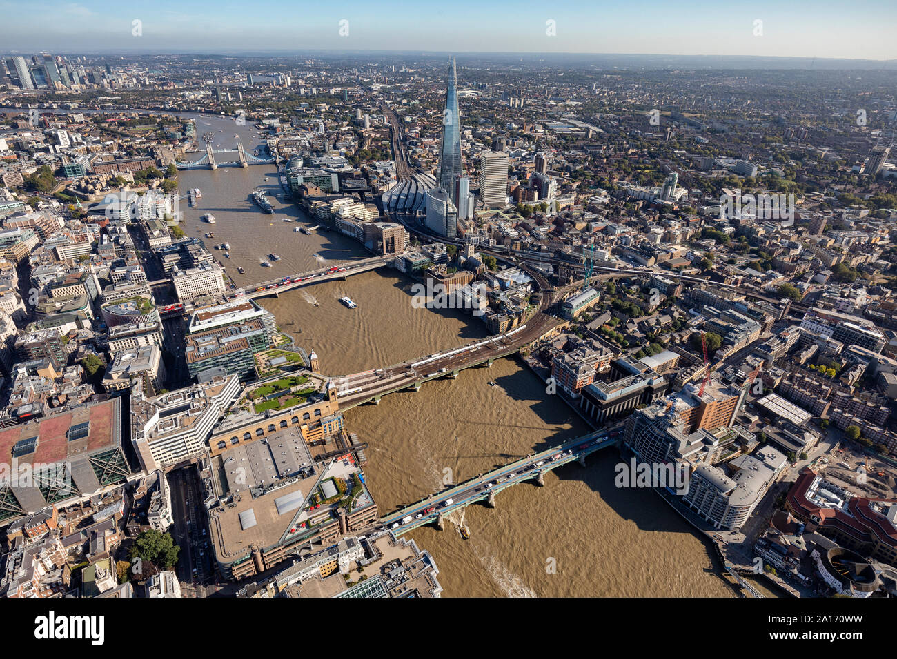 September 2019, Panoramic aerial view of the South Bank area of London ...