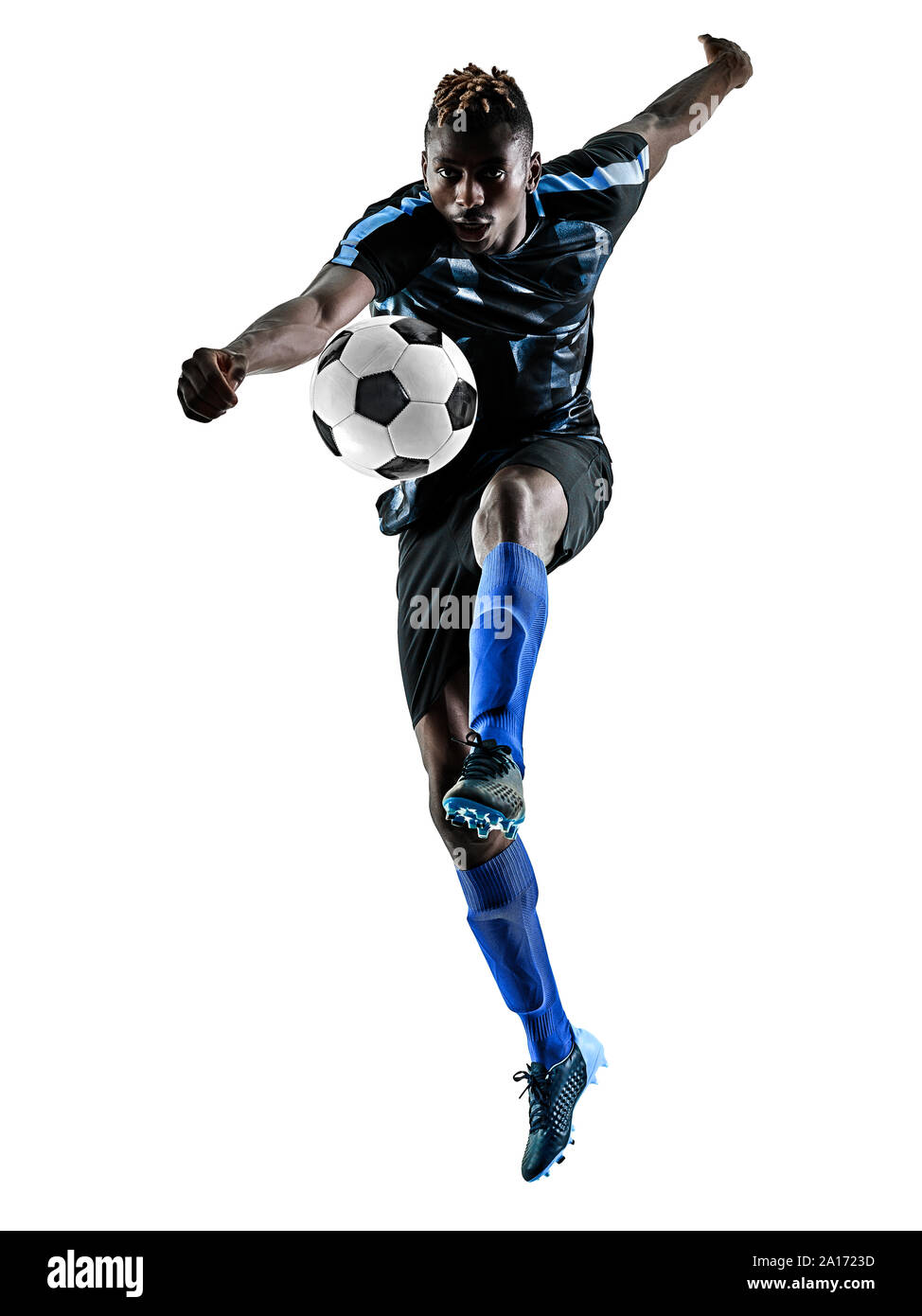 one african soccer player man playing in studio isolated on white ...