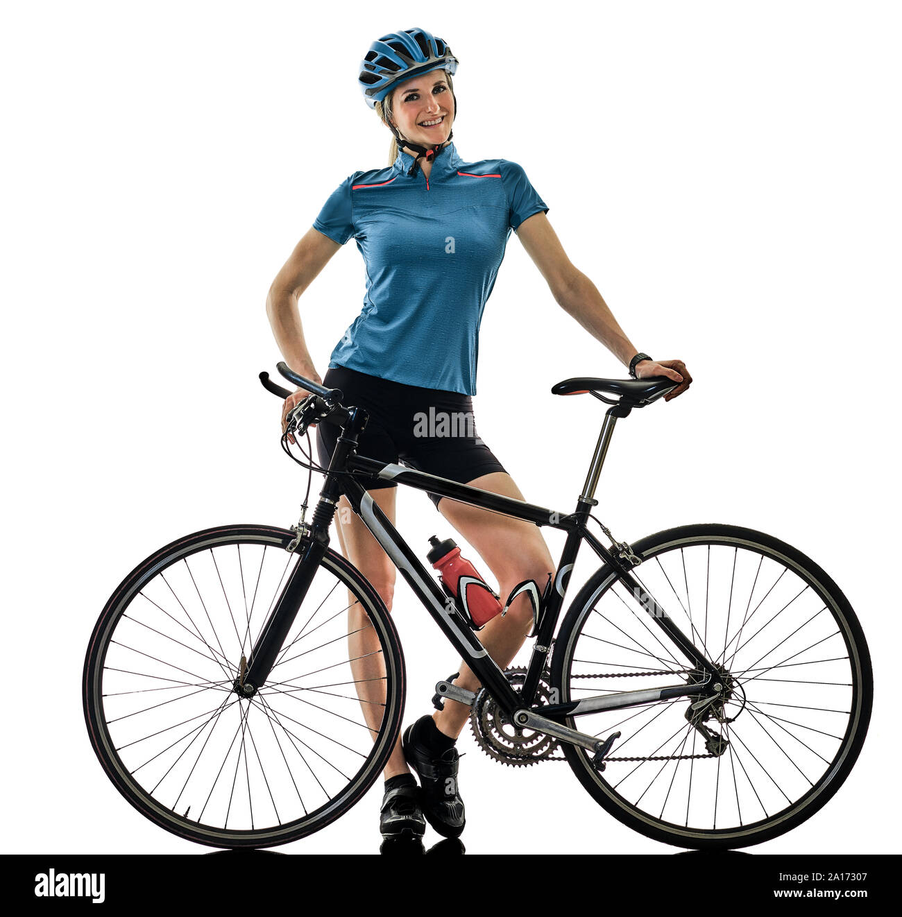 one caucasian cyclist woman cycling riding bicycle standing smiling ...