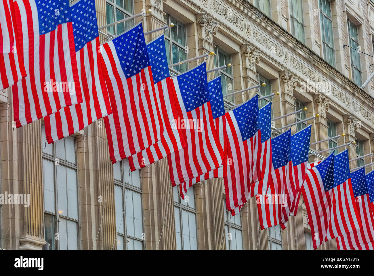 American Flags floating one of the main Manhattan Landmarks in New York ...