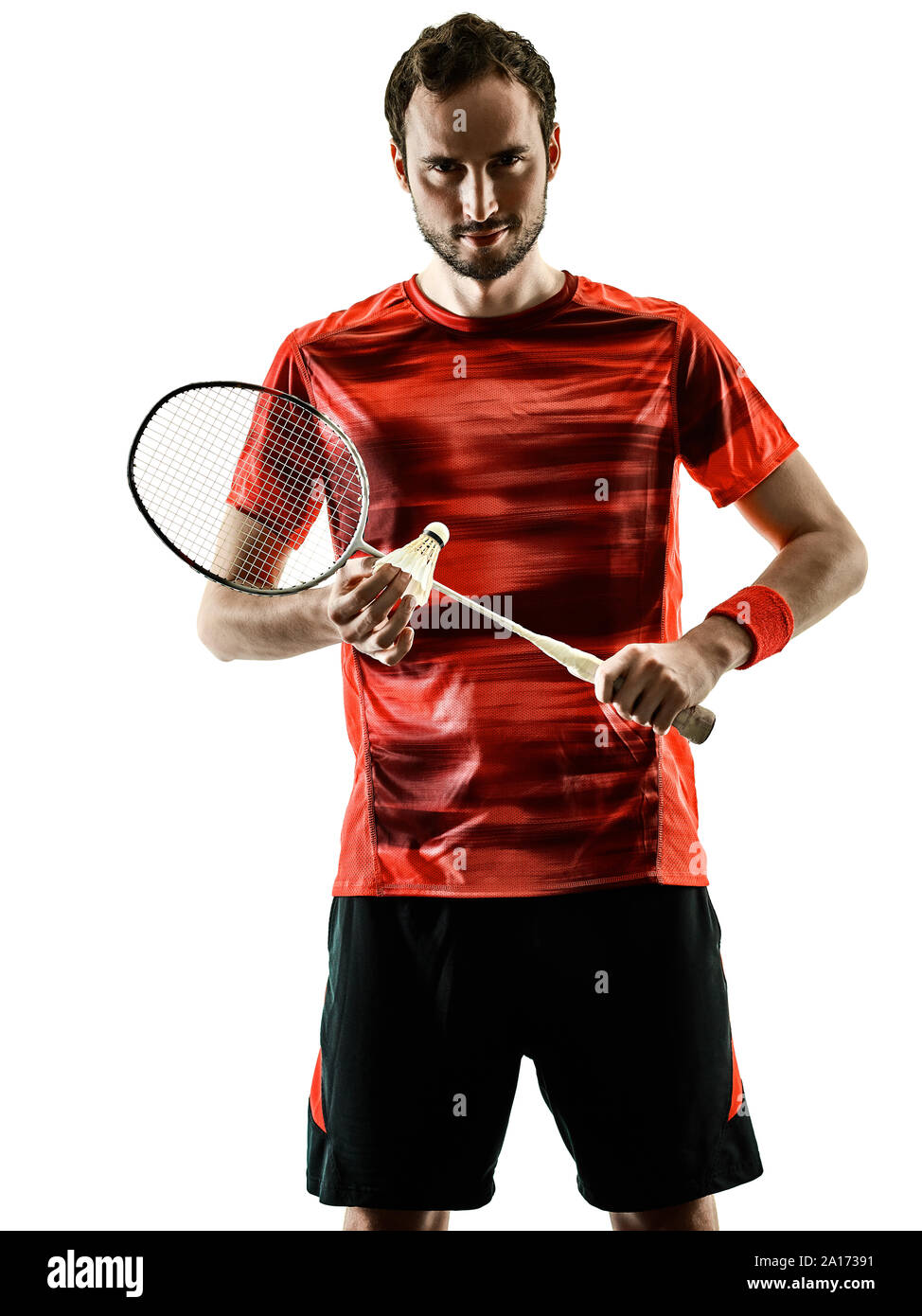 one caucasian Badminton player man in studio shadow silhouette isolated ...