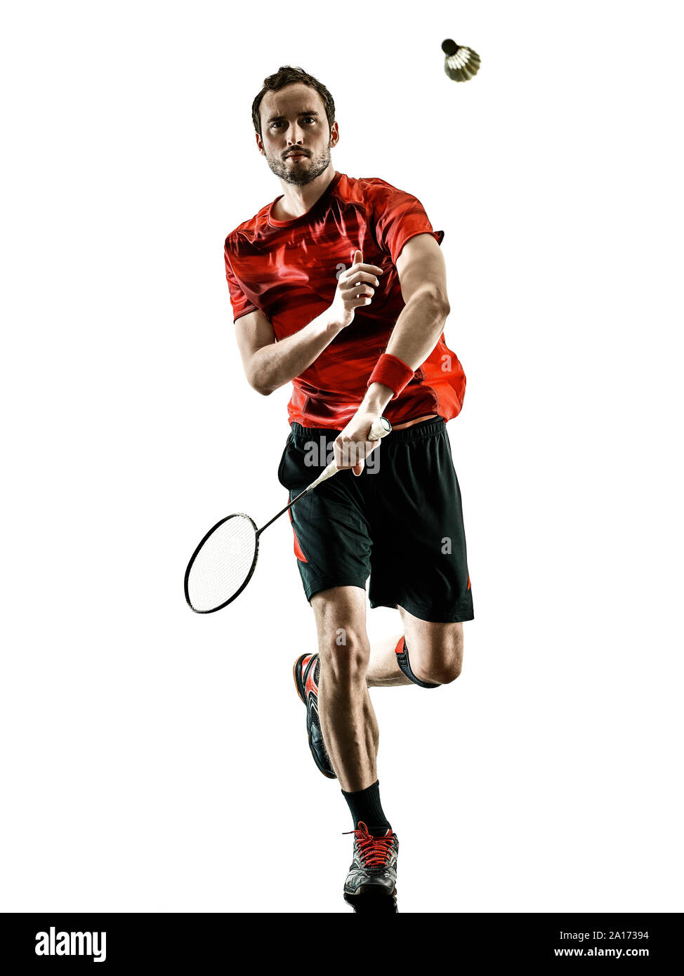 one caucasian Badminton player man in studio shadow silhouette isolated ...