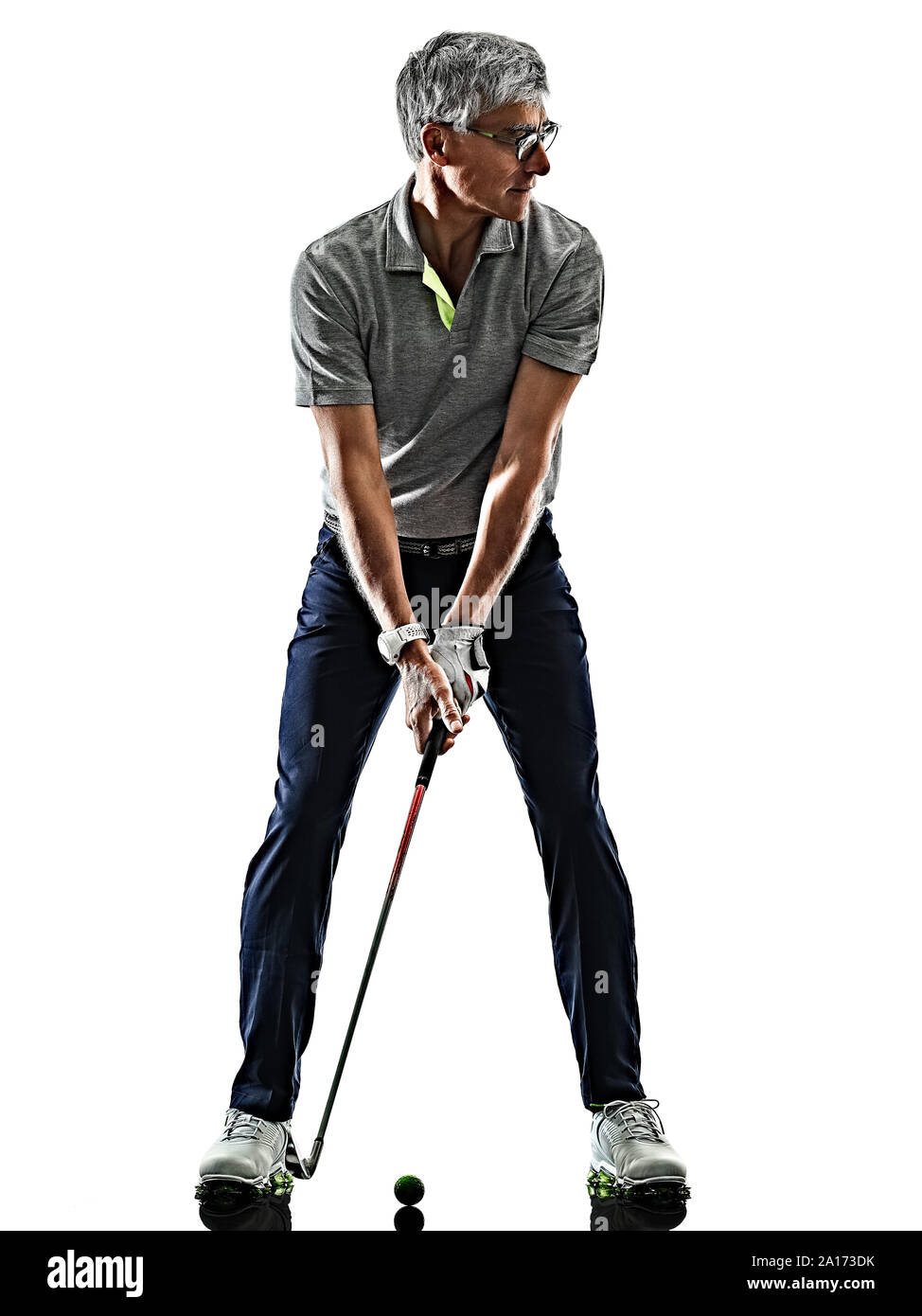 one caucasian senior man golfer golfing in studio shadow silhouette ...