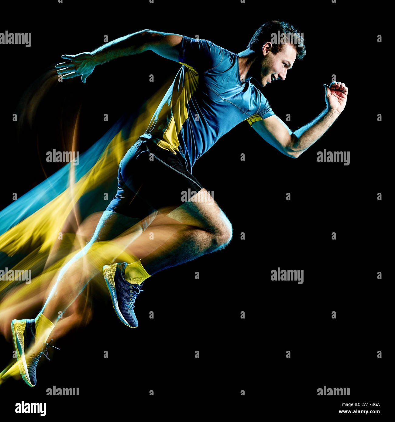 one caucasian runner running jogger jogging man light painting speed ...