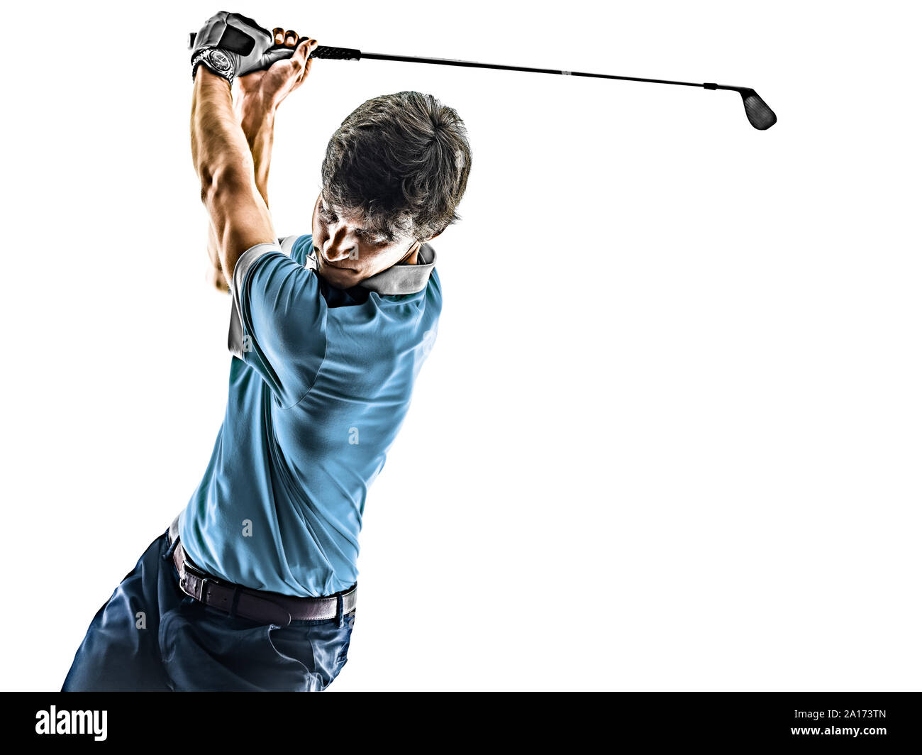 one young caucasian Man Golf golfer golfing isolated on white ...