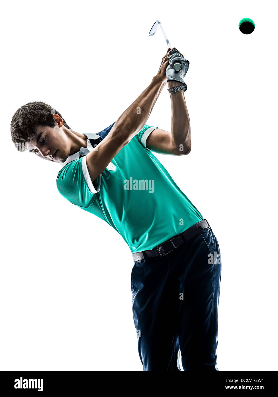 one young caucasian Man Golf golfer golfing isolated on white ...