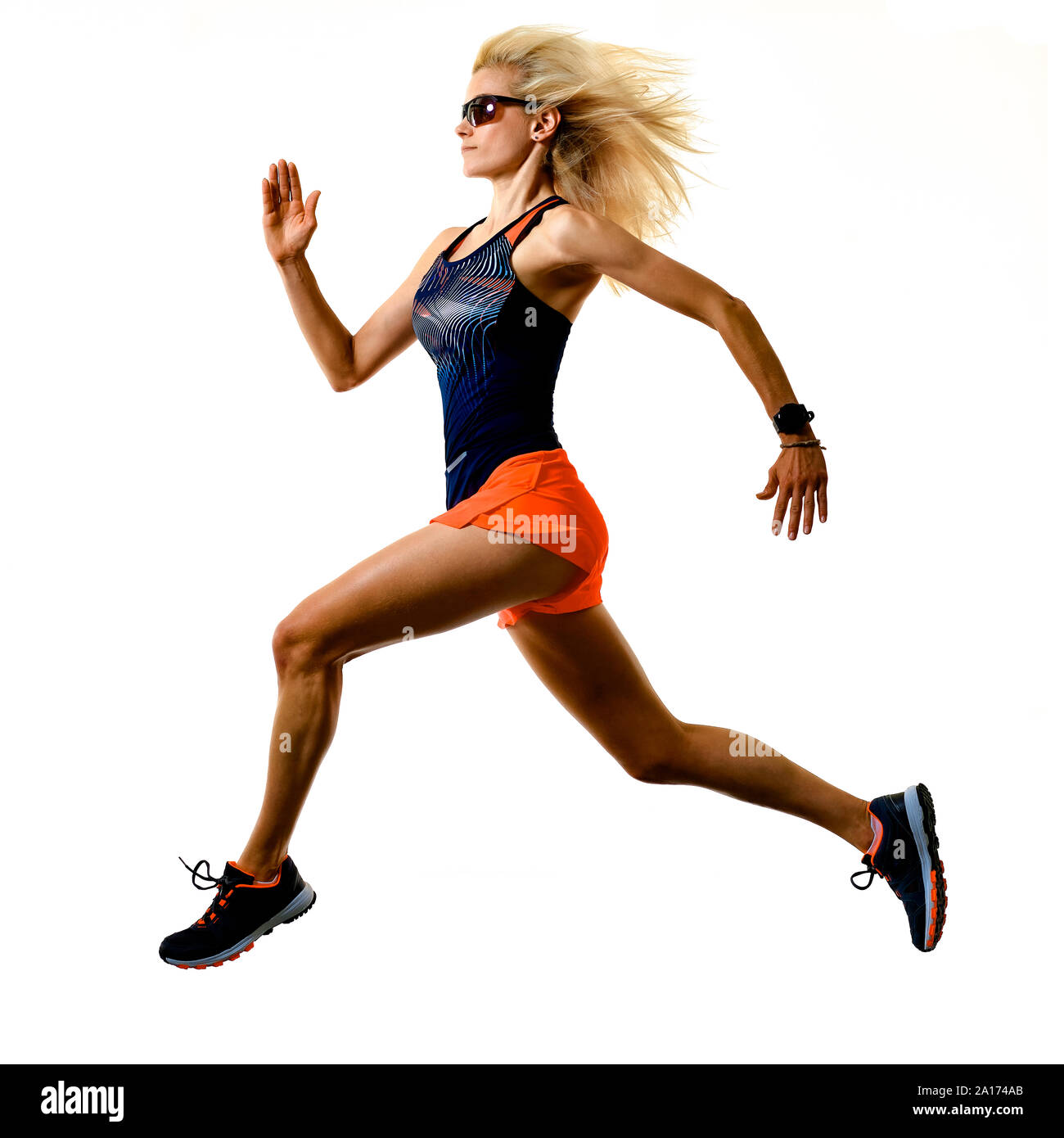 one caucasian beautiful long blond hair woman runner jogger jogging ...