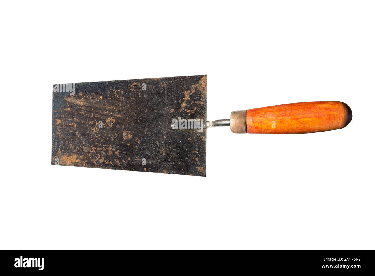 An old, rusty trowel with an orange handle on the right, isolated on ...