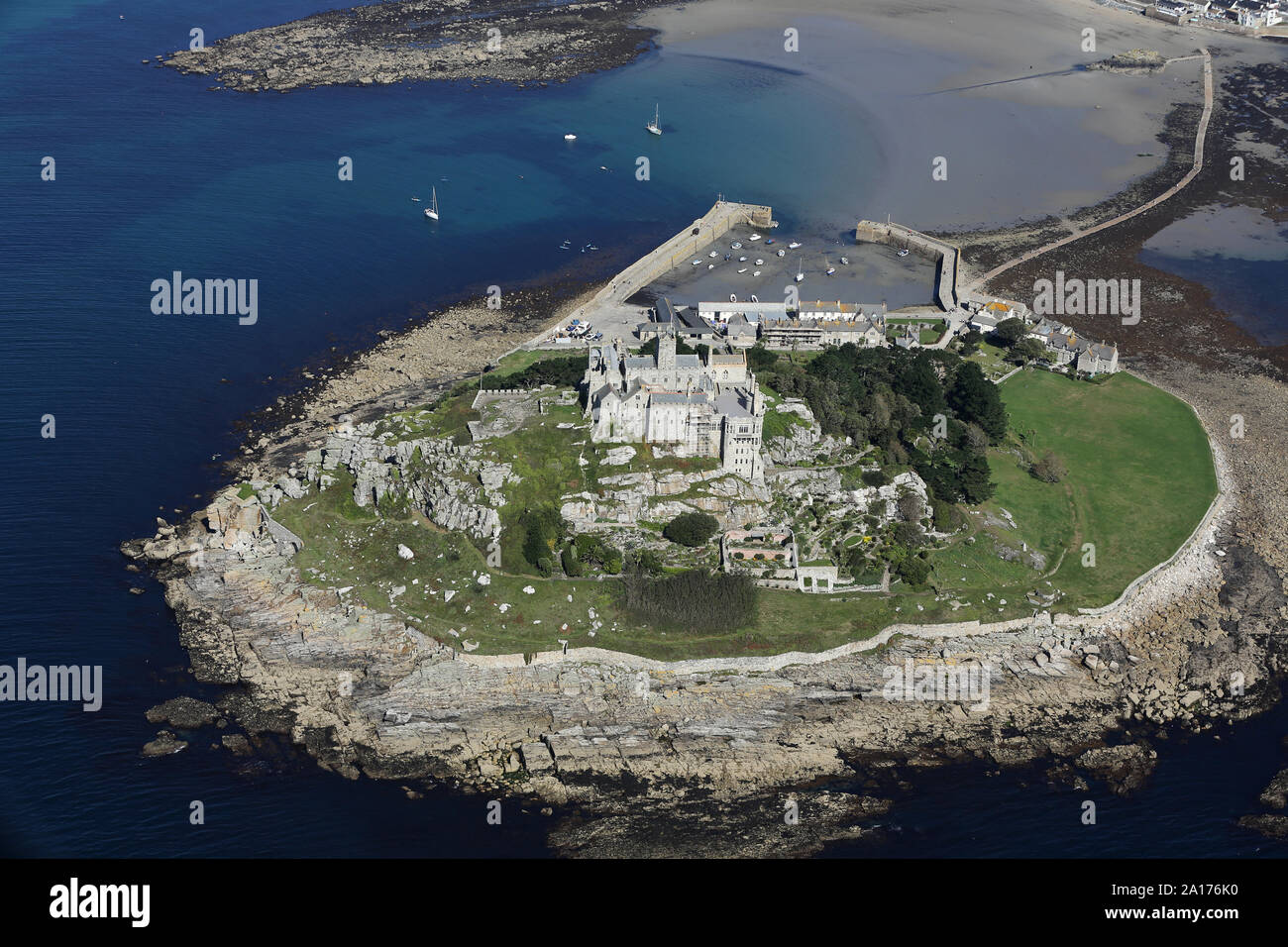 Aerial view of the stunning St. Michael's Mount in Cornwall, UK from ...
