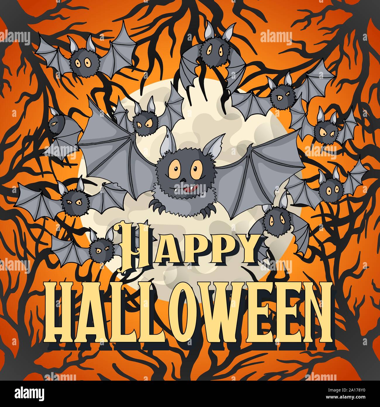 Happy Halloween postcard template. Vampire Bats flying swarm cartoon ...