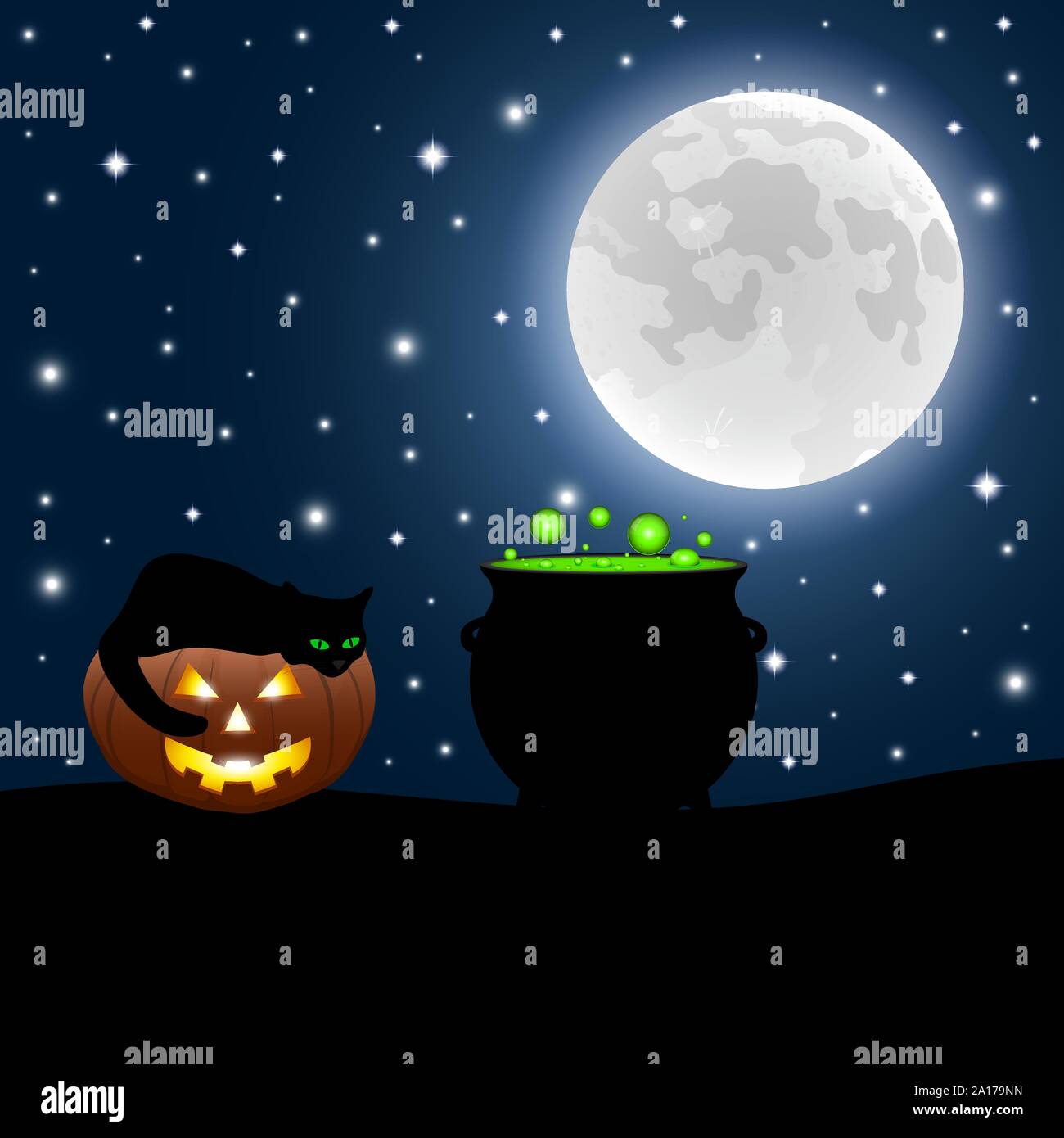 Halloween witch potion and cat on evil pumpkin lantern on Halloween ...