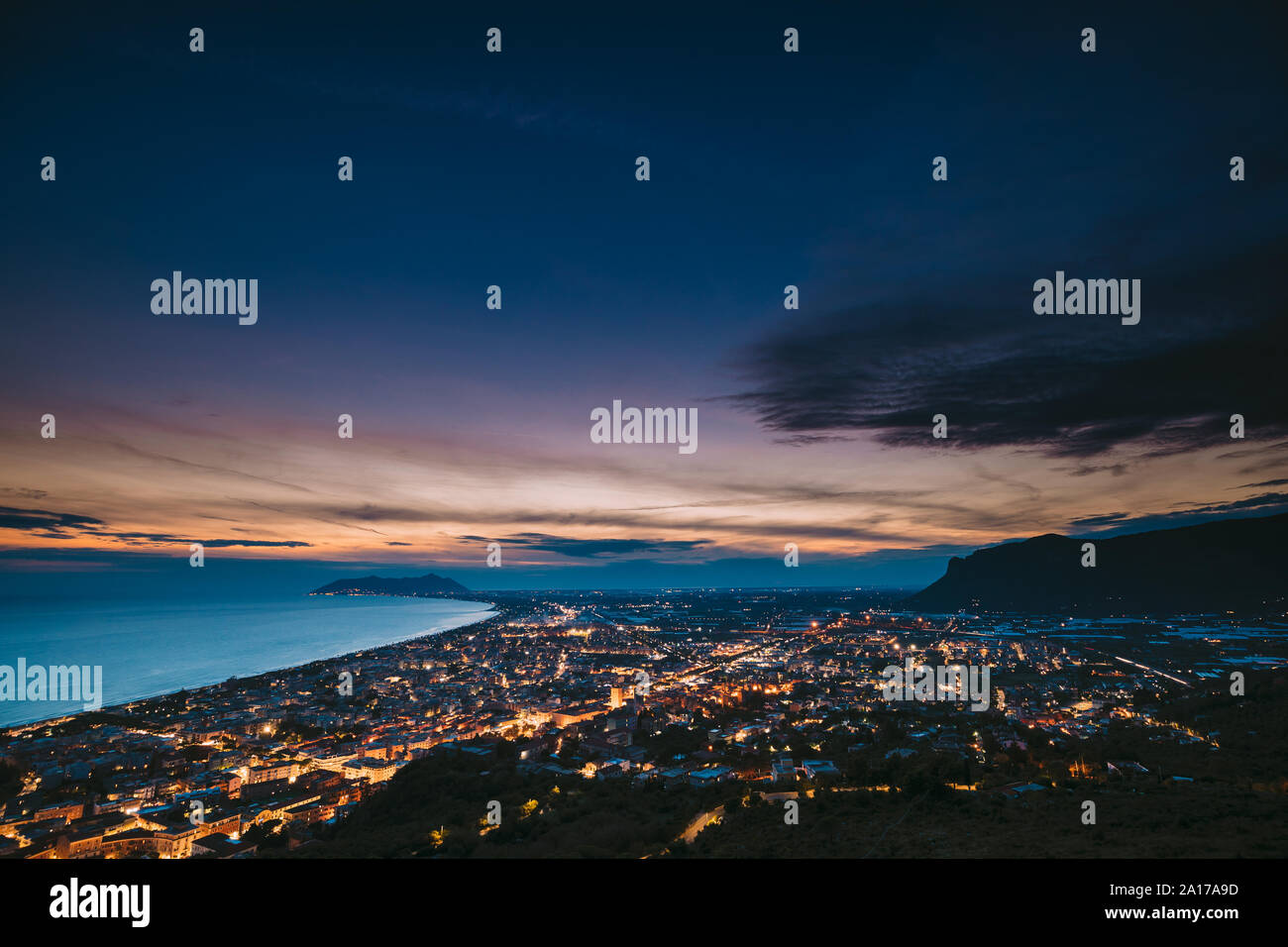 Terracina, Italy. Top View Skyline Cityscape City In Evening Night ...