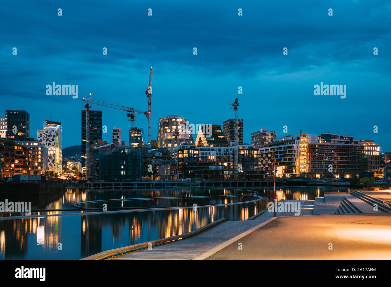 Oslo, Norway. Night View Embankment And Residential Multi-storey House ...