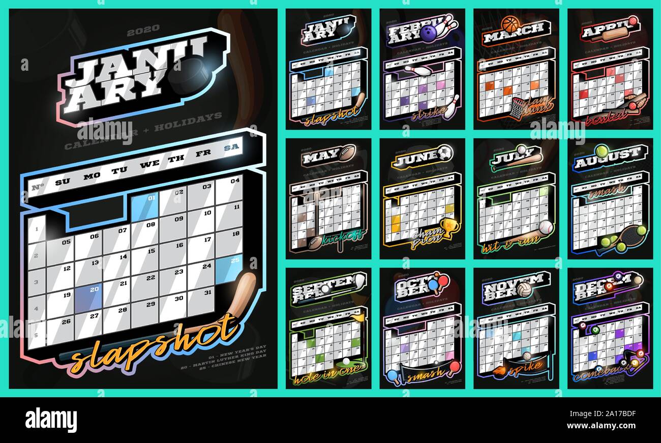 Collection of sports wall calendar for 2020. Retro style calendar ...