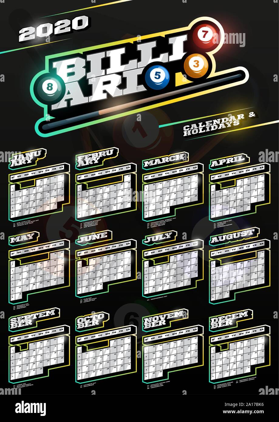 Billiard sport wall vertical calendar for 2020. One page Retro style ...