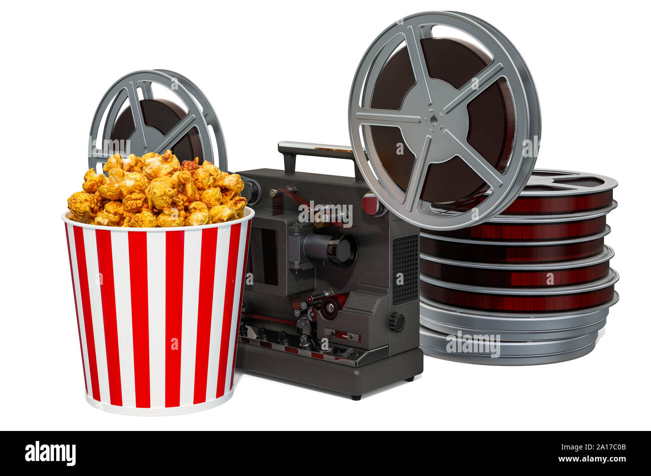 Cinema concept. Cinema projector and movie reels with popcorn container ...