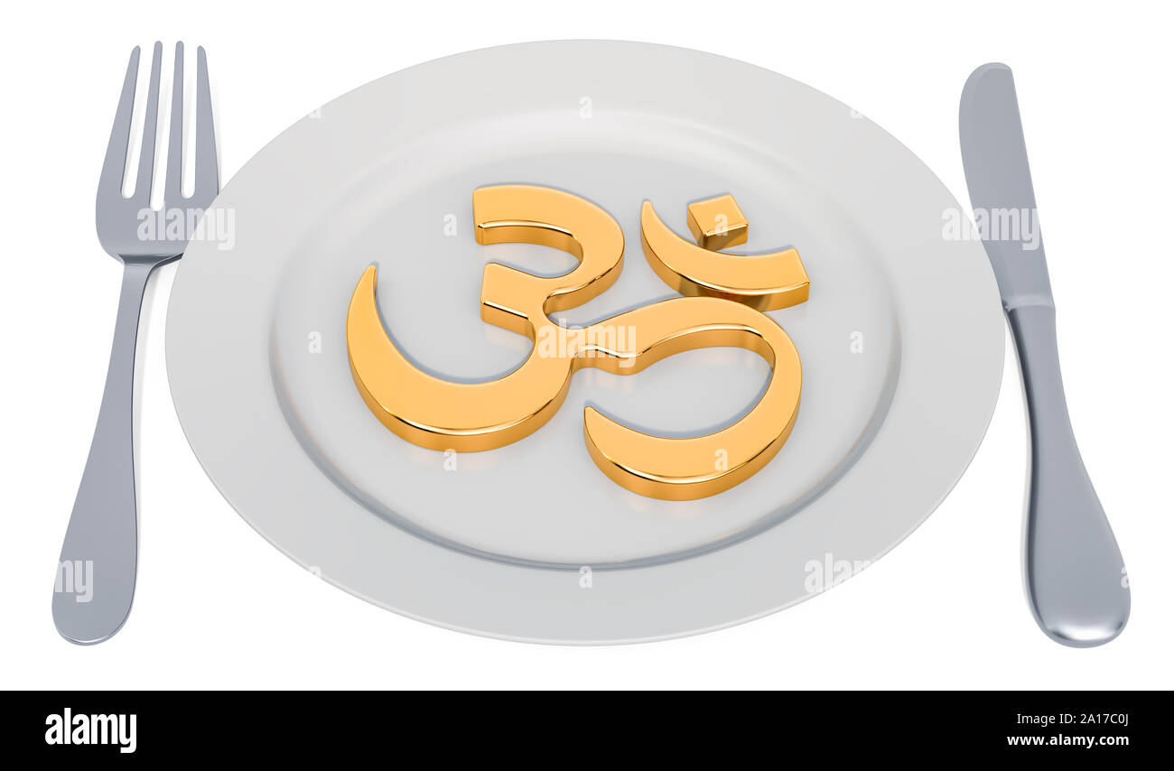 Fasting in Hinduism concept. Plate with Indian Dharma. 3D rendering ...