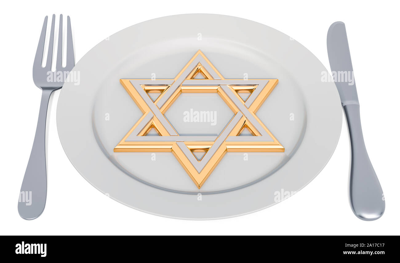 Kosher food concept. Plate with Jewish Star. 3D rendering isolated on ...