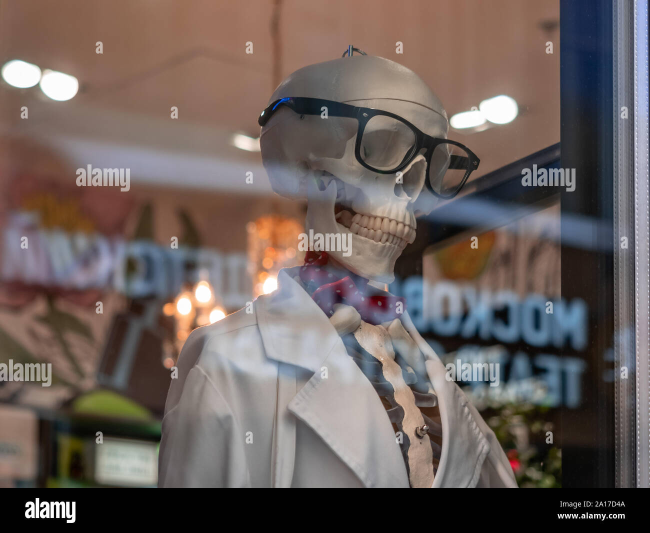 Moscow, Russia - September 14, 2019: Skeleton with glasses and a white ...
