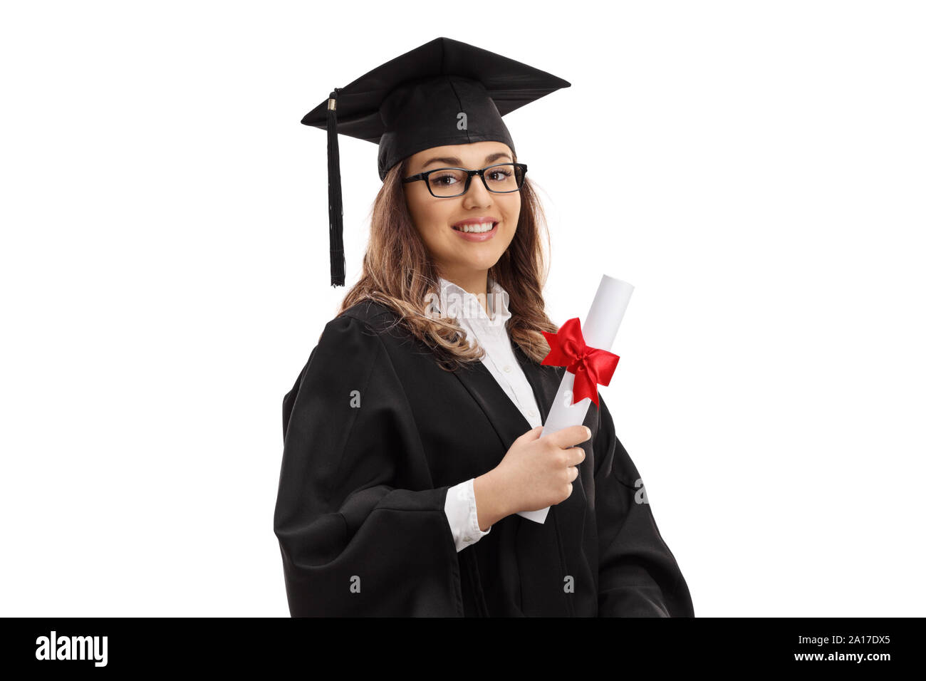 Female graduate student with a diploma isolated on white background ...