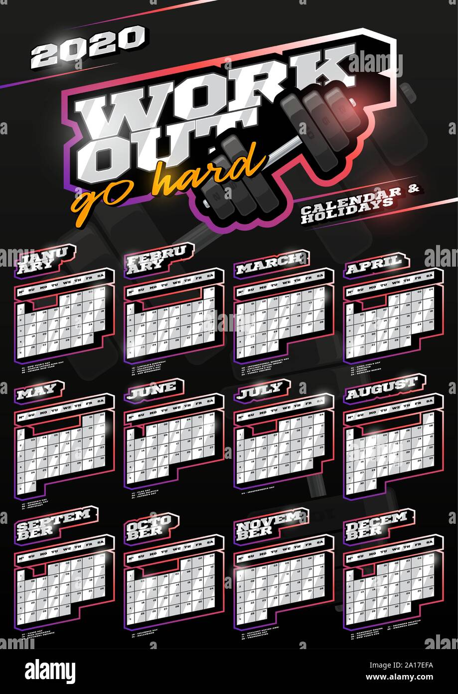 Workout or gym sport wall vertical calendar for 2020. One page Retro ...