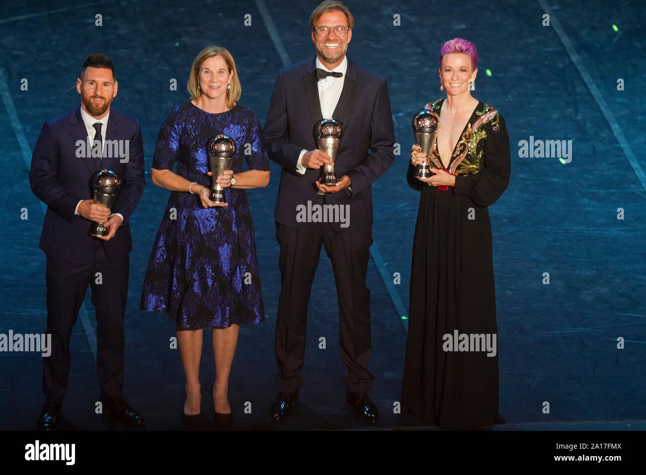 MILAN, ITALY - SEPTEMBER 23: Lionel Messi, Jill Ellis, Jürgen Klopp and ...