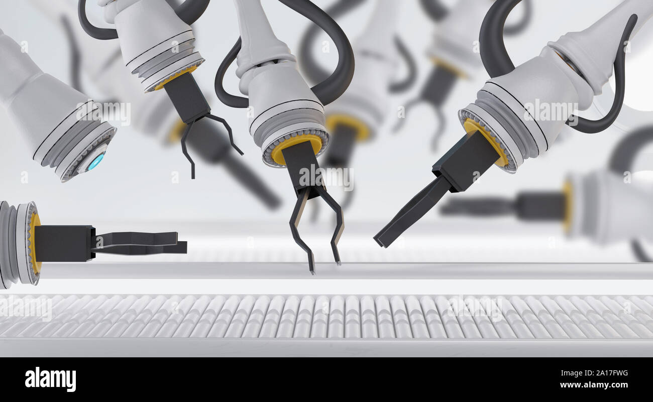 autonomous robot arms and conveyor belt 3d-illustration Stock Photo - Alamy