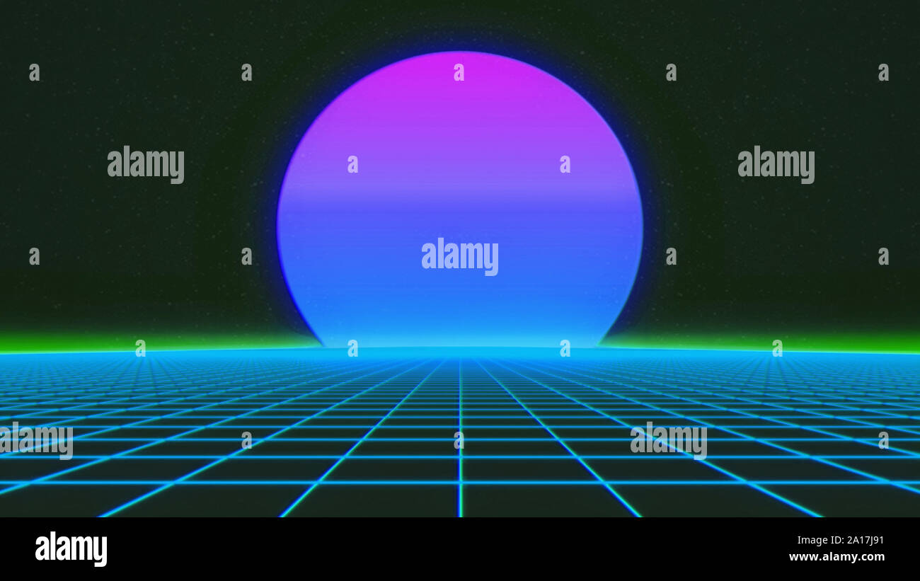 Futuristic retro landscape of the 1980. Futuristic 3d illustration ...