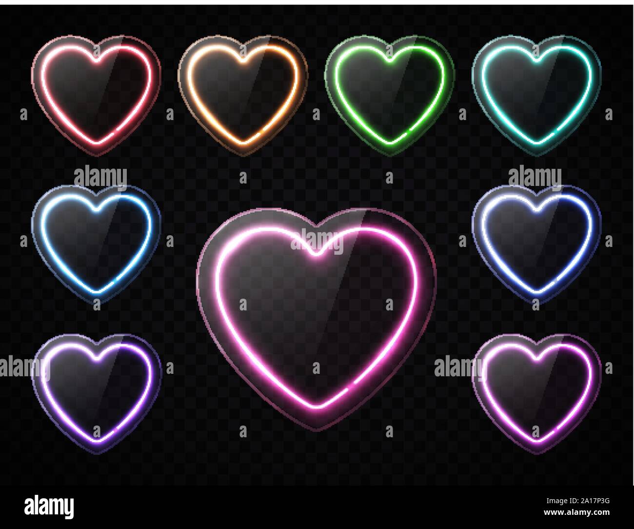 Realistic heart neon signs set on dark transparent background. Light ...