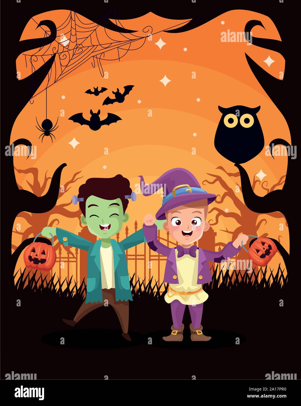 halloween dark scene with kids disguised characters Stock Vector Image ...