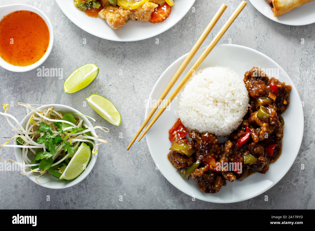Sticky sweet beef with white rice, asian food Stock Photo - Alamy