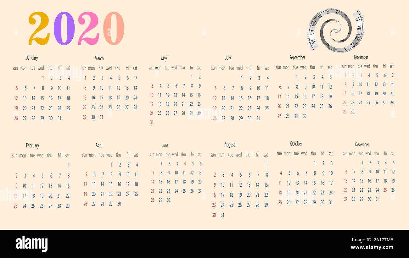 Calendar 2020 with Spiral Clock vector basic grid. Simple design ...