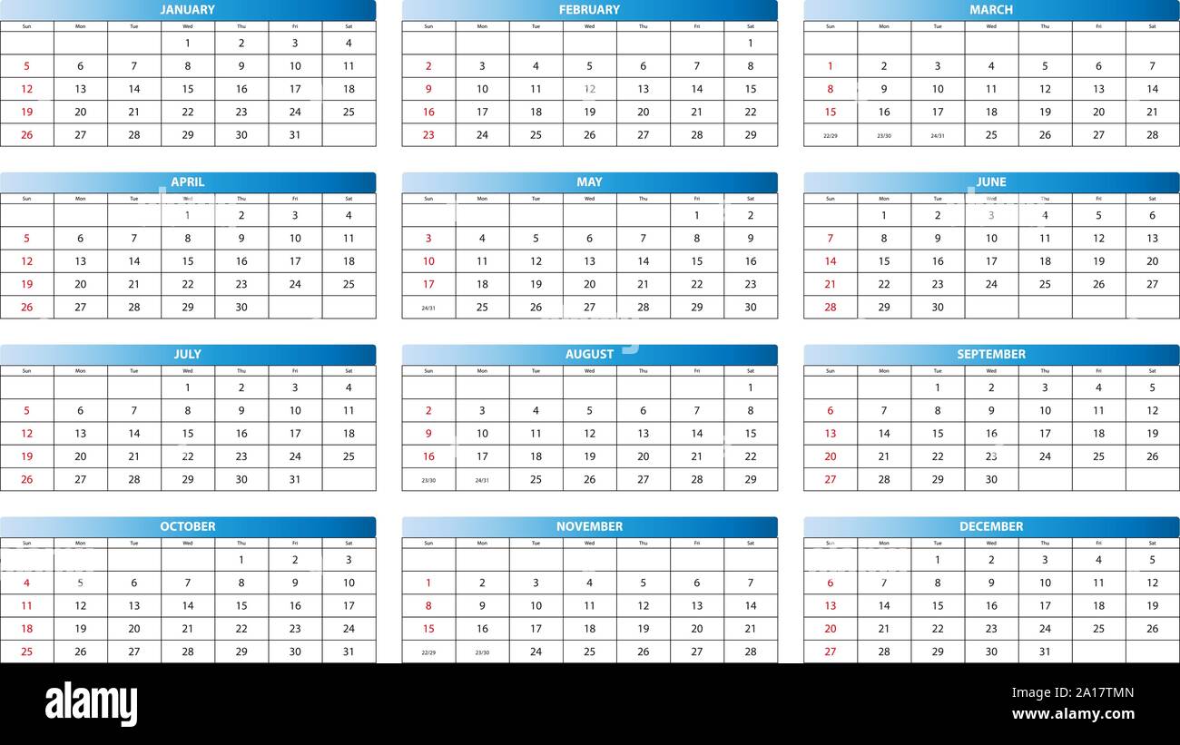 Calendar 2020 with vector basic grid. Simple design template Stock ...