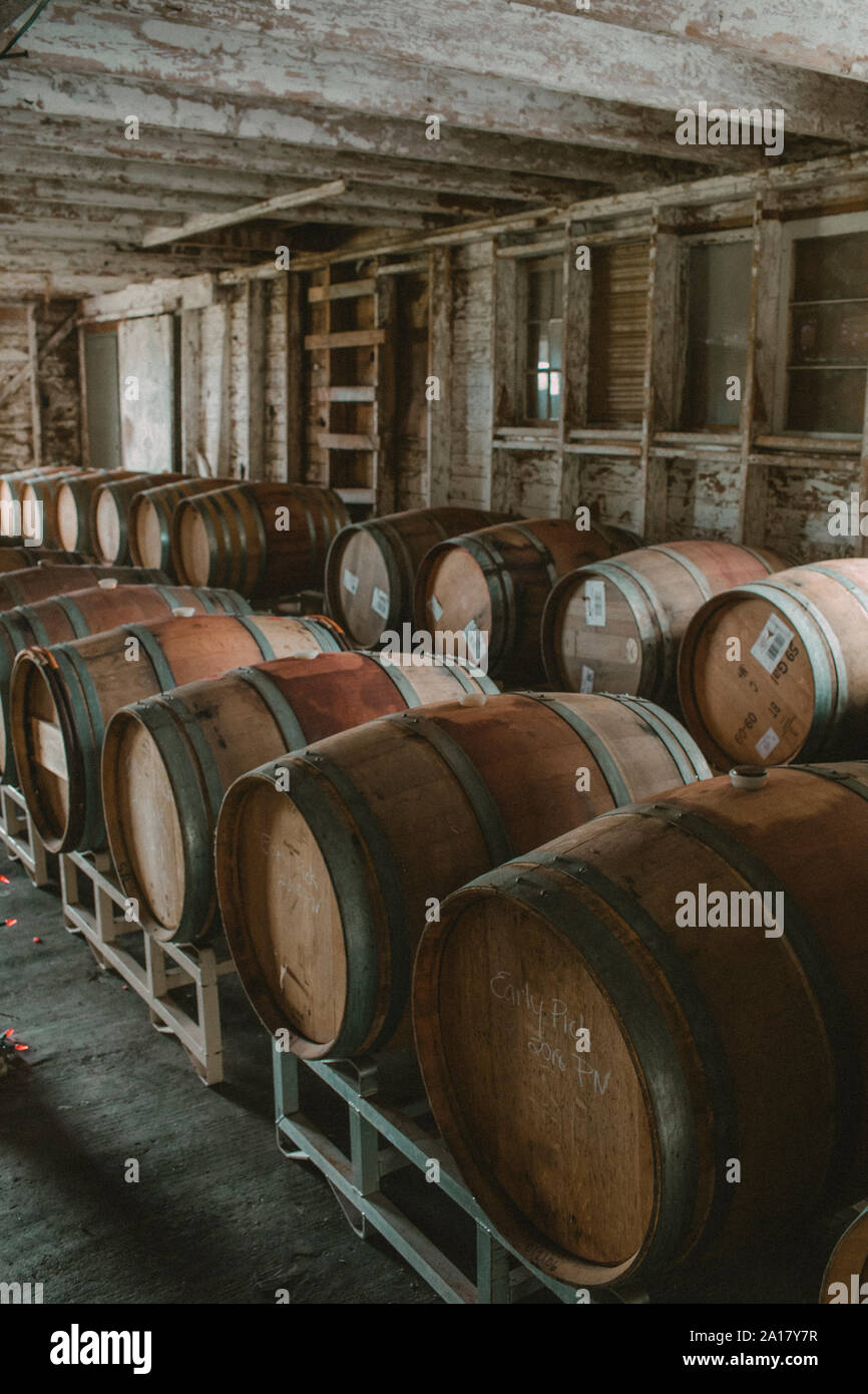 Wine barrels in an old barn turned wine cellar Stock Photo - Alamy