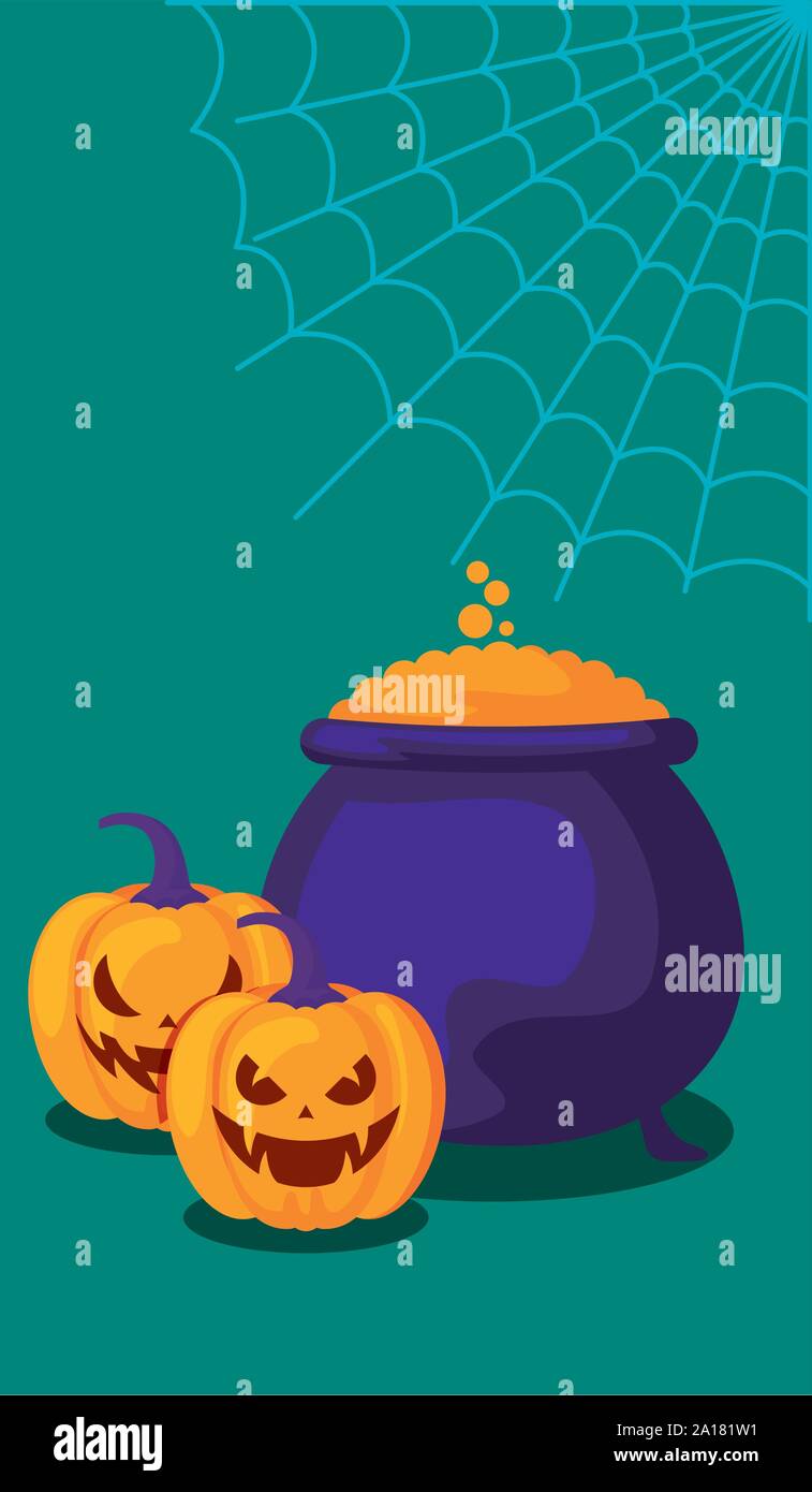 pumpkin with cauldron and icons halloween vector illustration Stock ...