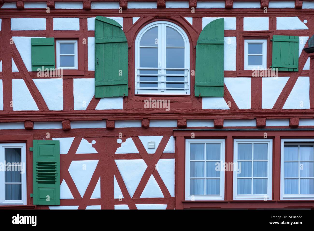 Facade with windows, detail, historical half-timbered house, Schiltach, Black Forest, Baden ...