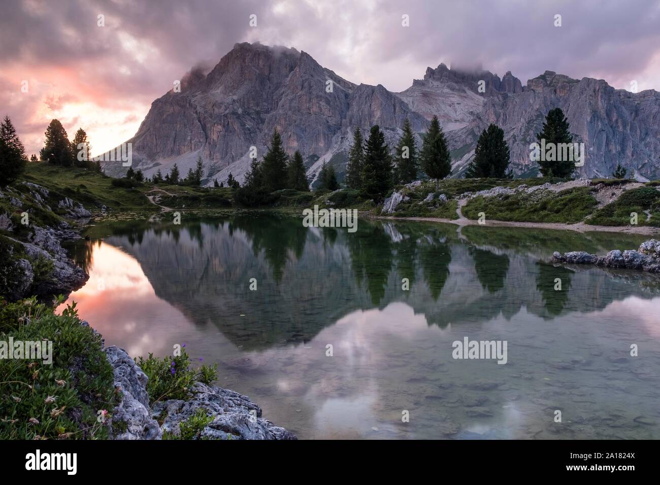 Lake Lago de Limides and Lagazuoi, with water reflection, Dolomites ...