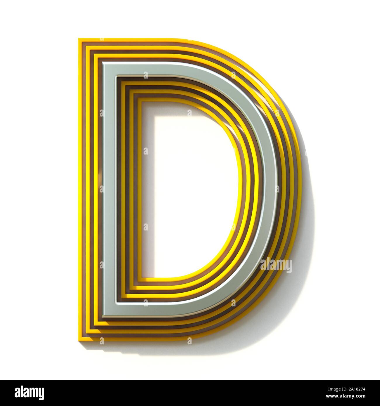 Yellow outlined font letter D 3D render illustration isolated on white ...